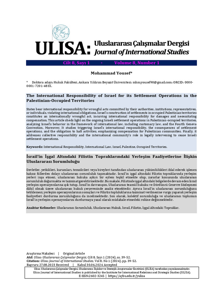 The International Responsibility of Israel For Its Settlement Operations in The Palestinian ...