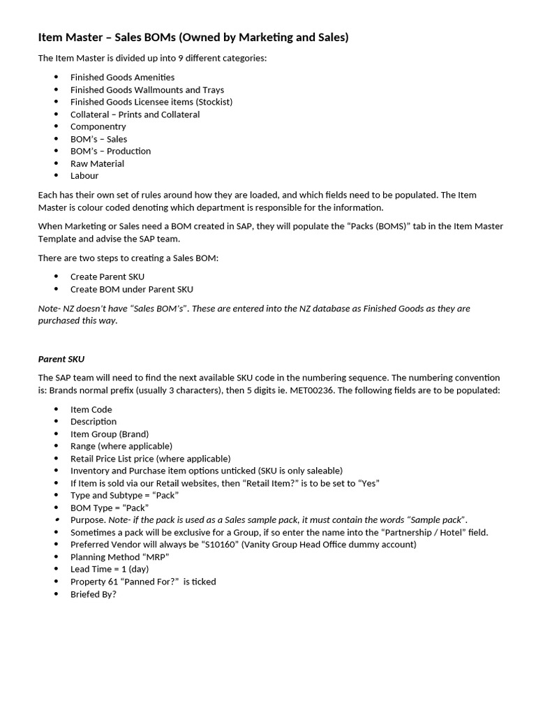 SAP Business One Item Master Creation - Sales BOM's | PDF