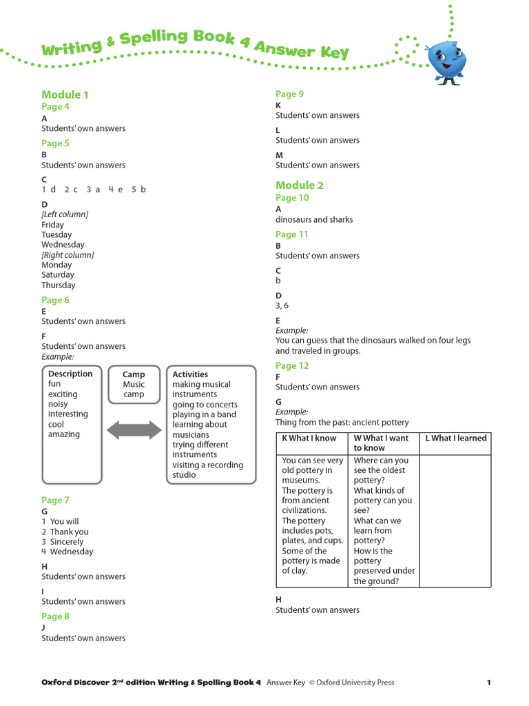 Oxford Discover 2 Writing & Spelling Key | PDF