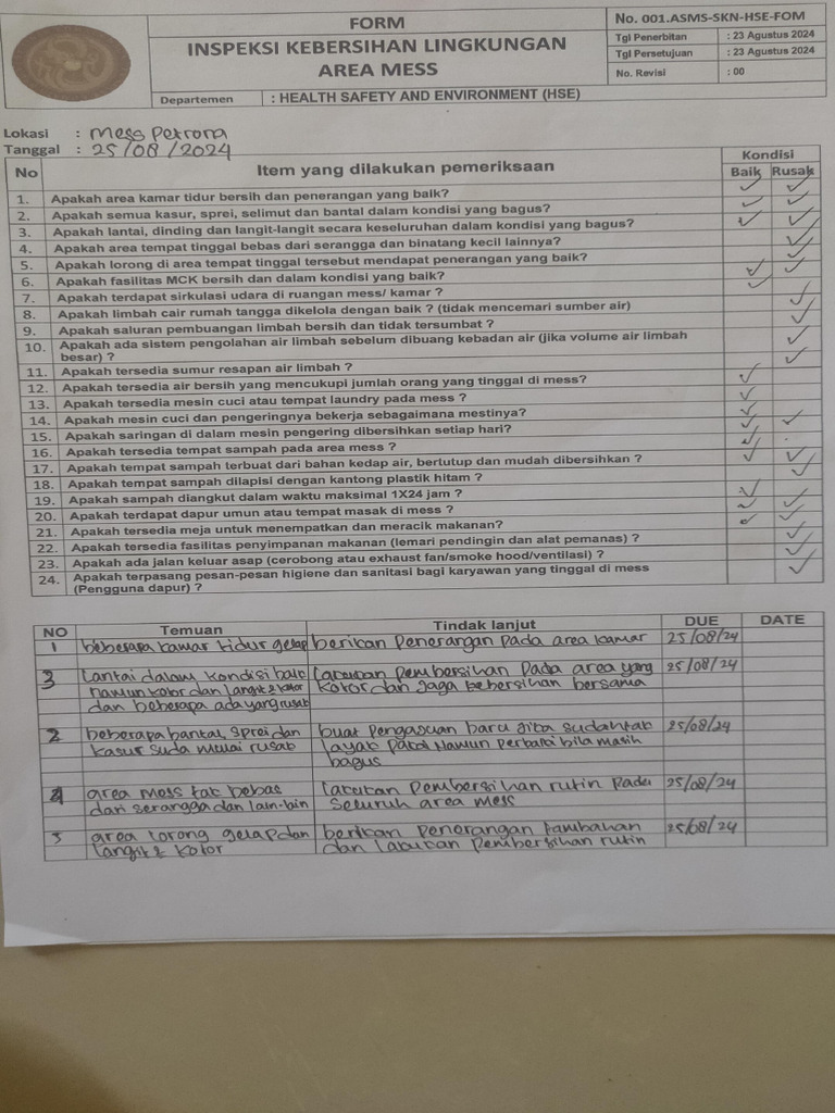 Inspeksi Lingkungan Dan Sanitasi Area Mess Petrona | PDF