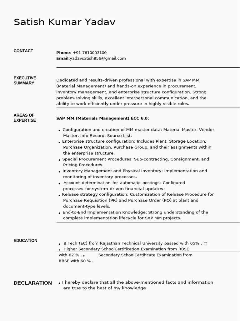 Satish SAP MM Resume Doc | PDF