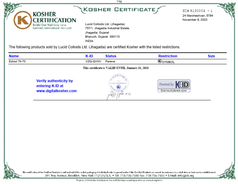 Kosher Certification for Lucid Colloids Products | PDF