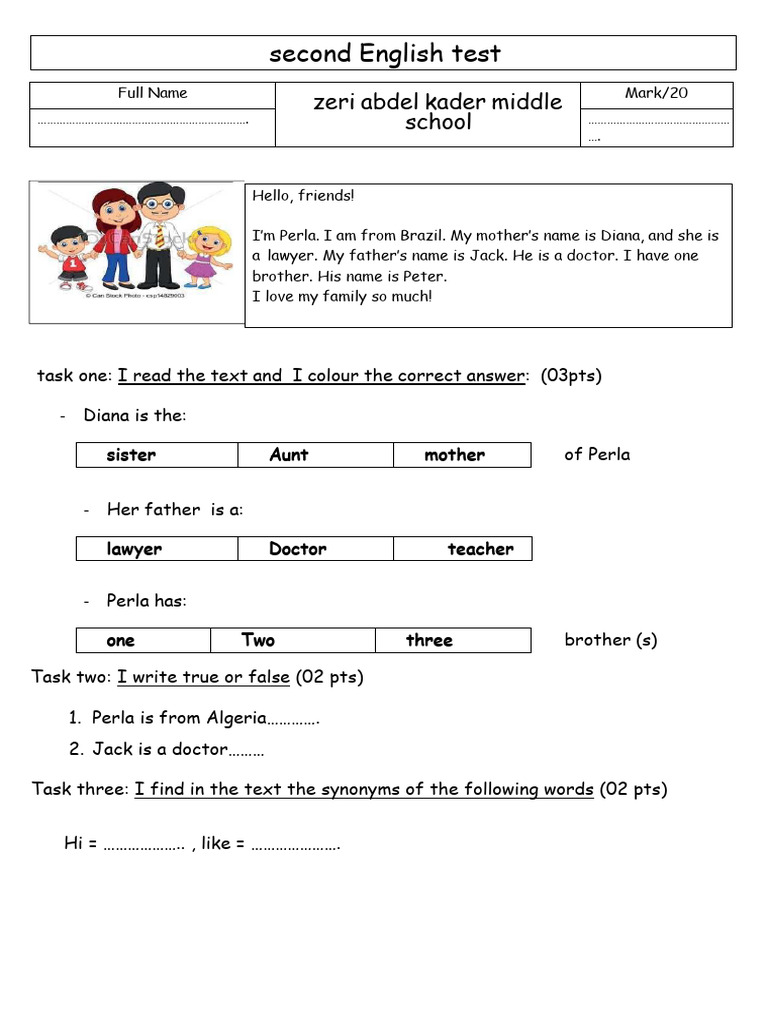 Middle School English Test Template | PDF