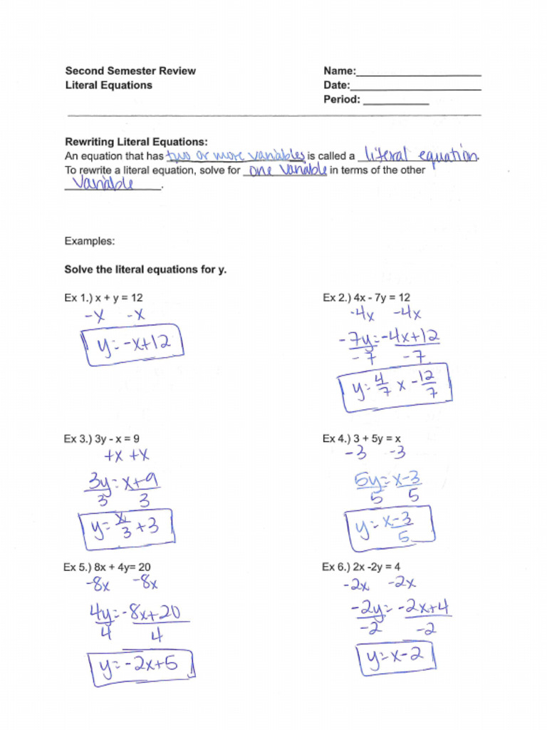 Literal Equations Scanned Teacher Notes | PDF