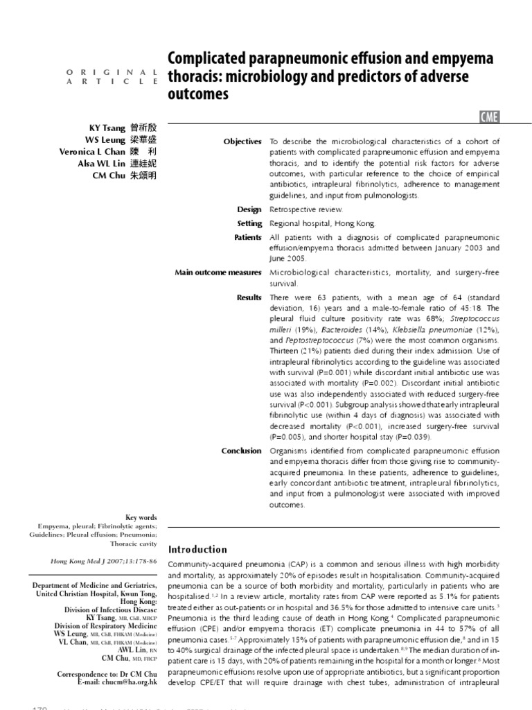 Complicated Parapneumonic Effusion and Empyema Thoracis: Microbiology ...