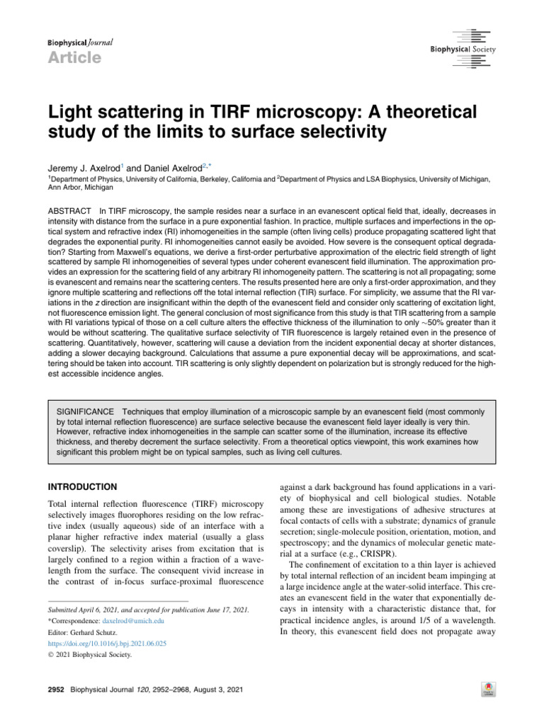TIRF Microscopy: Impact of Light Scattering | PDF | Refractive Index ...