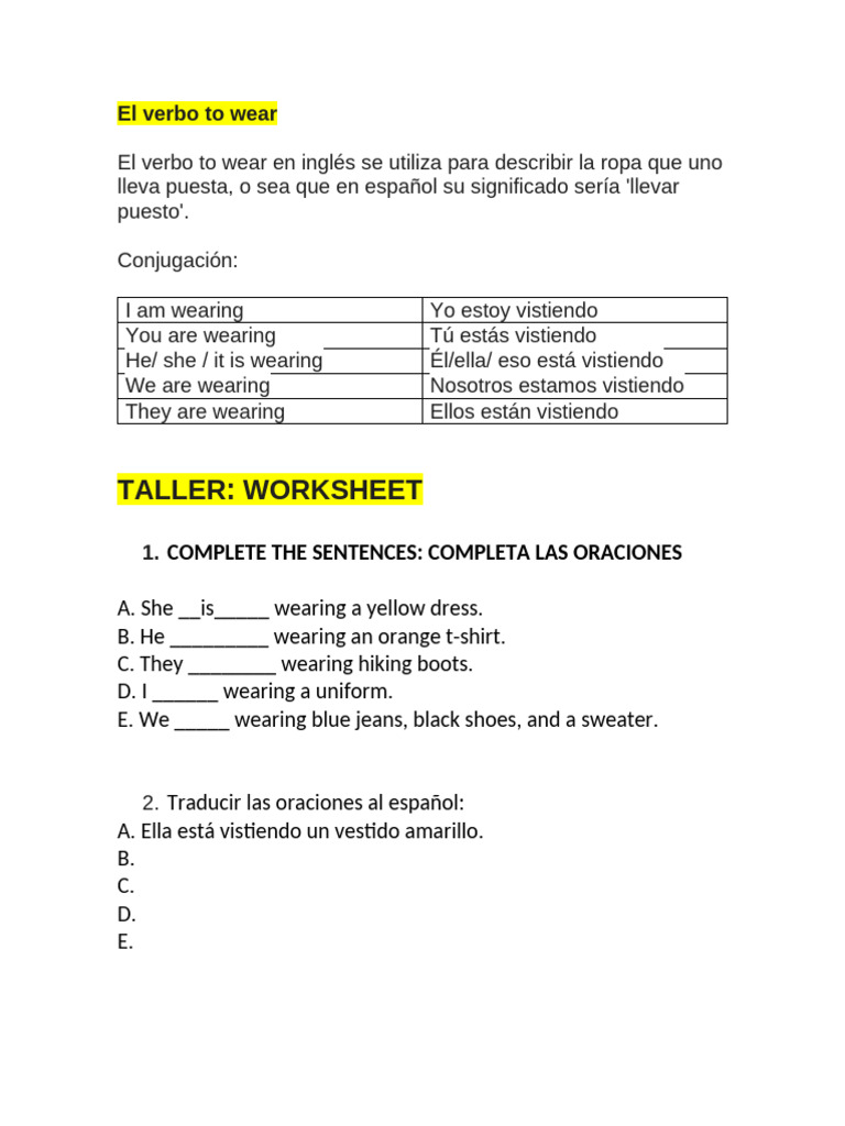 Uso y conjugación del verbo "to wear" | PDF