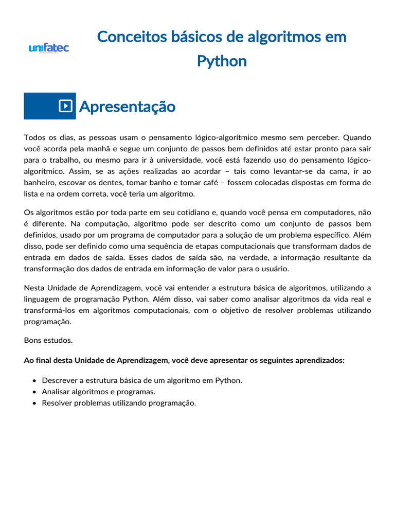 aula 2 Conceitos básicos de algoritmos em Python | PDF | Algoritmos ...