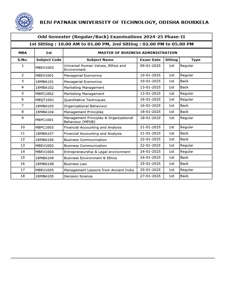MBA 1st Sem Schedule | PDF