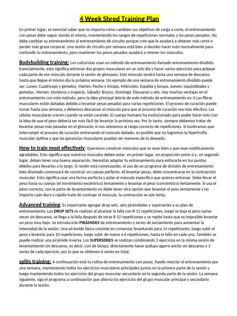 4 Week Shred Training Plan Español | PDF | Dieta | Panes