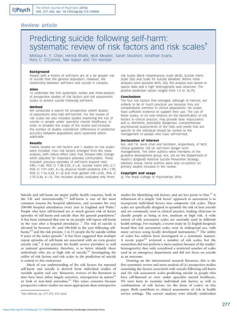 Predicting Suicide Following Self Harm Systematic Review of Risk ...