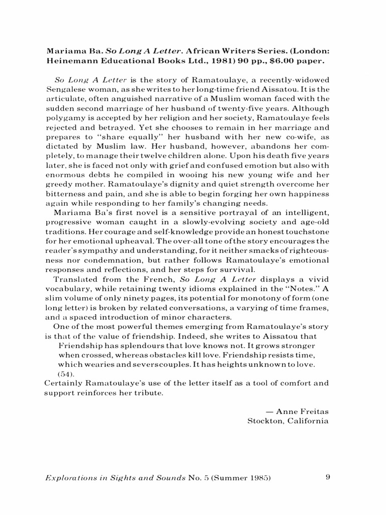 (Review Of) Mariama Ba. So Long A Letter | PDF