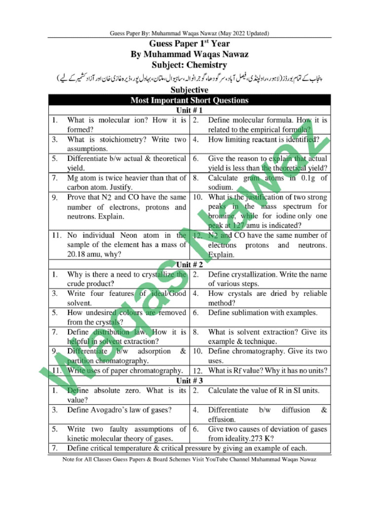 1st Year Chemistry Guess Paper 2022 (Waqas Nawaz) | PDF