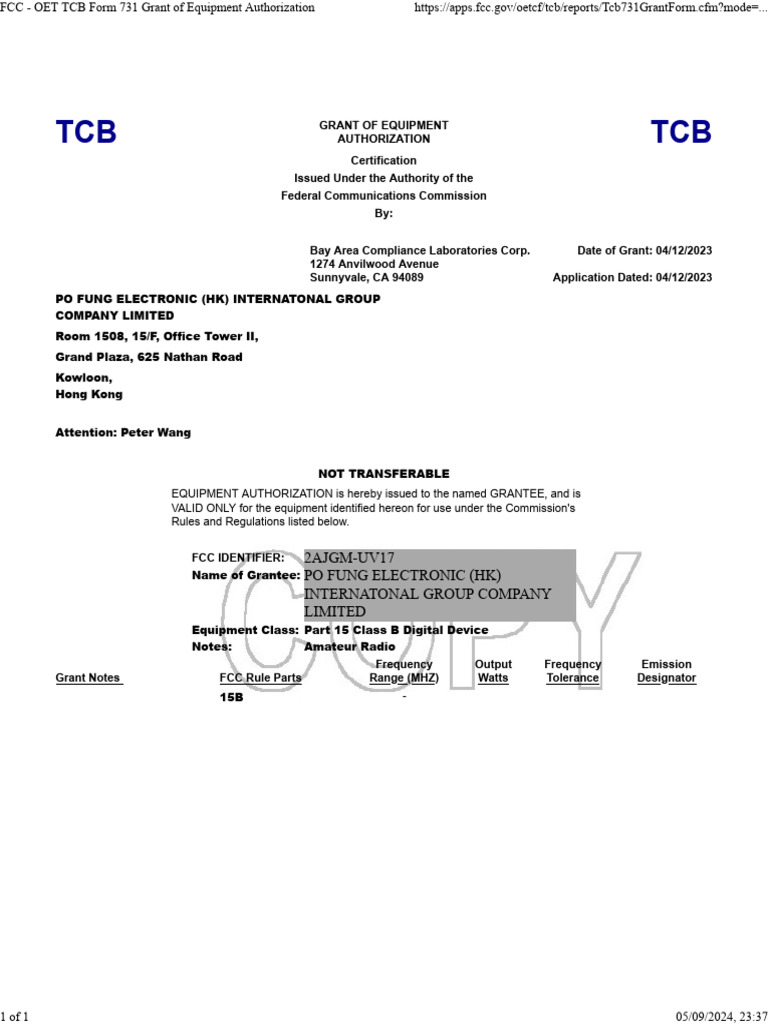 FCC - OET TCB Form 731 Grant of Equipment Authorization | PDF