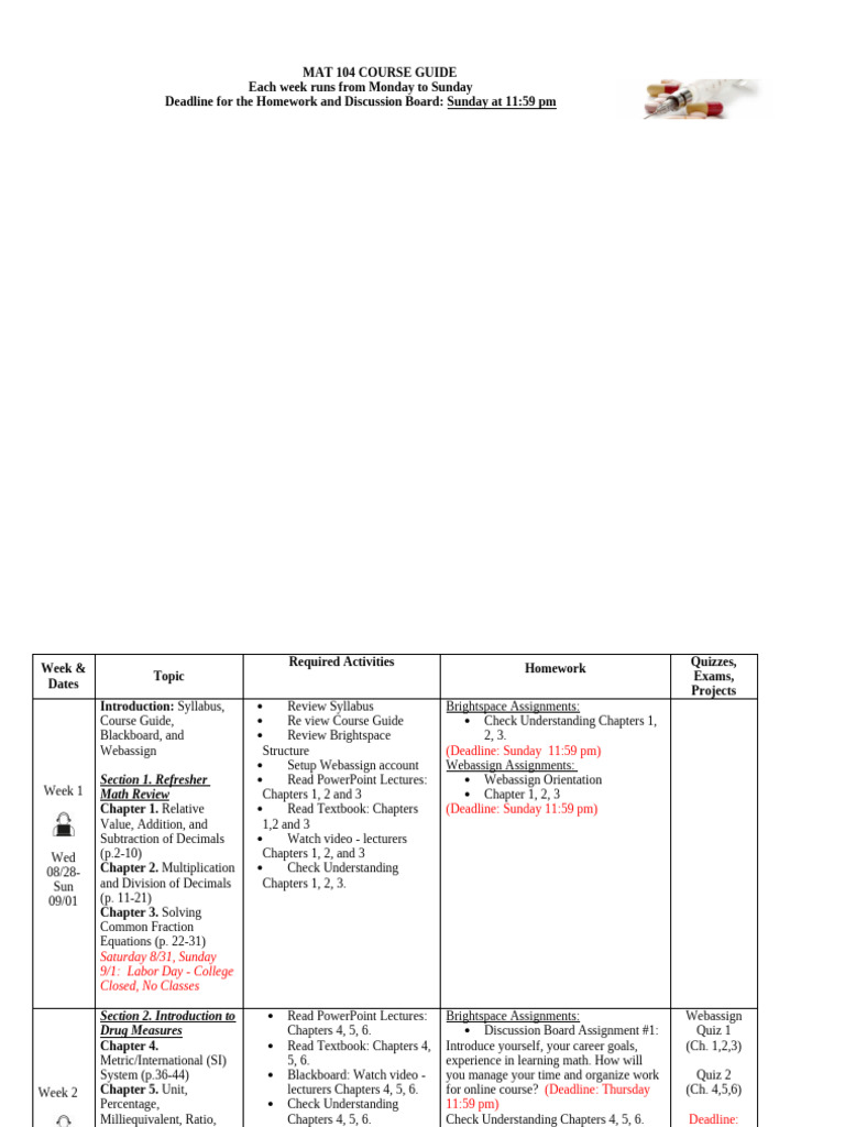 Mat 104 Weekly Guide - f'24 Shell | PDF | Arithmetic | Mathematics