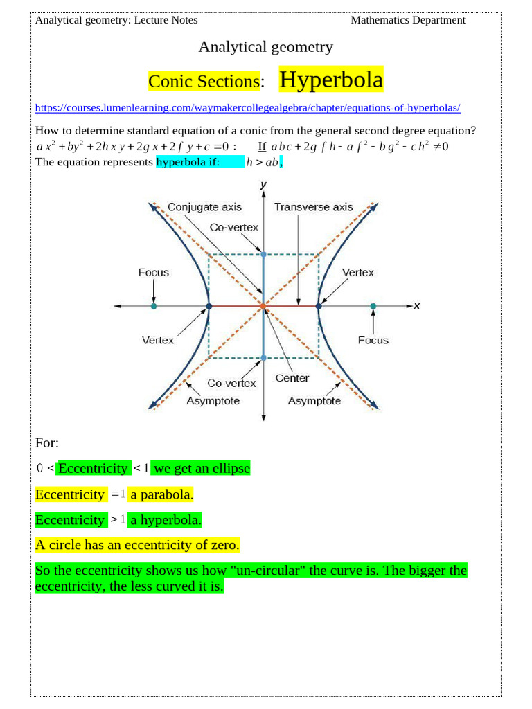 Lecture Notes in Analytical geometry-5-Hyperbola | PDF