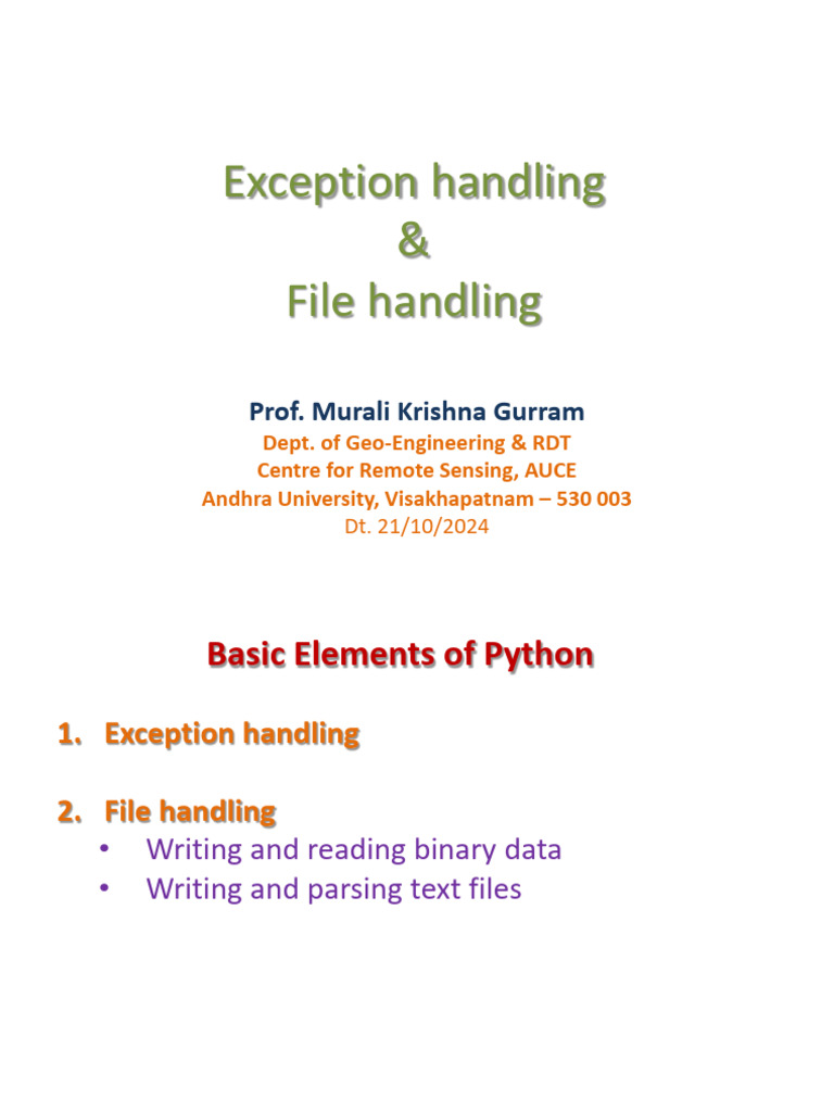 07 20241021 ExceptionHandling FileHandling | PDF | Python (Programming Language) | Software ...