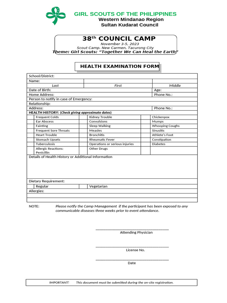 Health Examination Form for 38th Council Camp | PDF | Immunology | Medicine