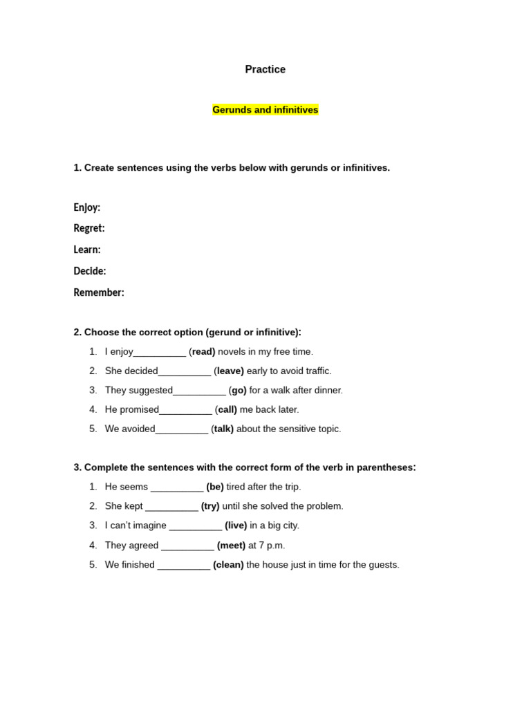 Practice Gerunds and Infinitives | PDF