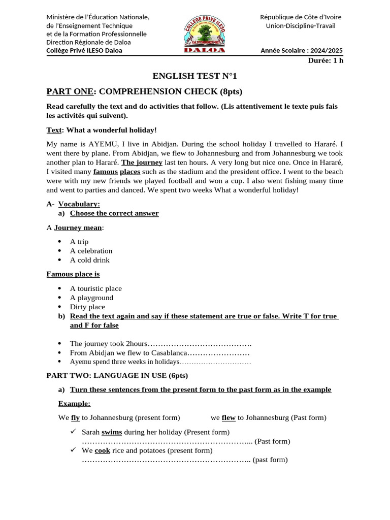 Devoir de Niveau 4ème 2024 | PDF