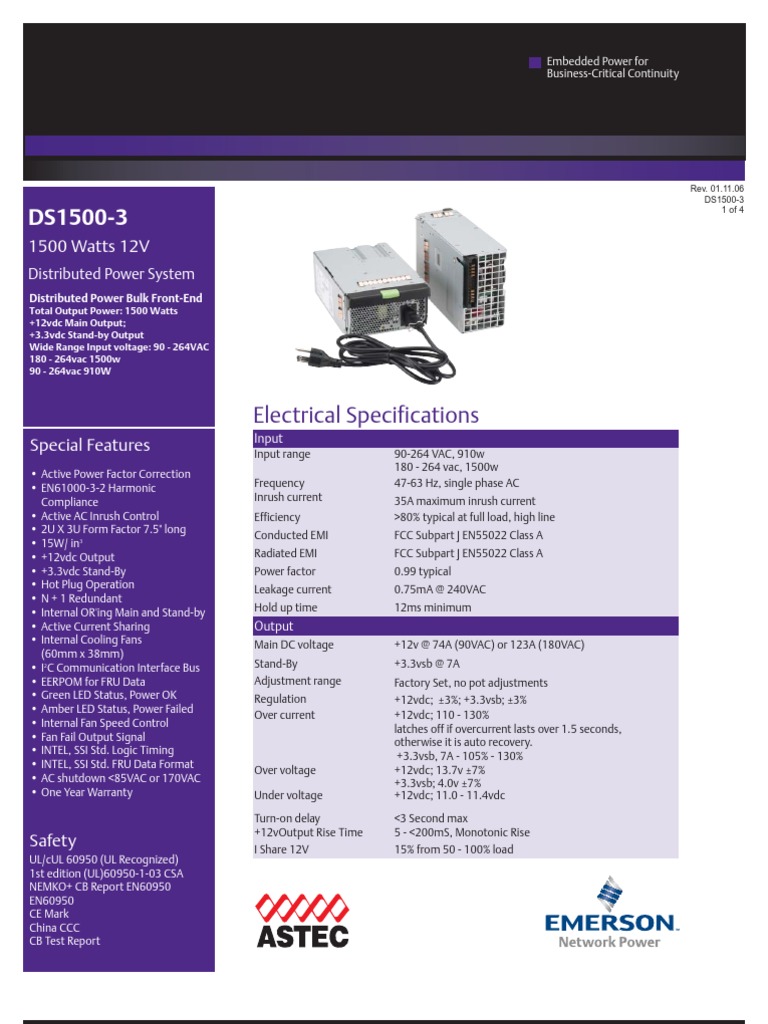 Astec Ds1500!3!001 Datasheet | PDF | Power Supply | Electronic Engineering