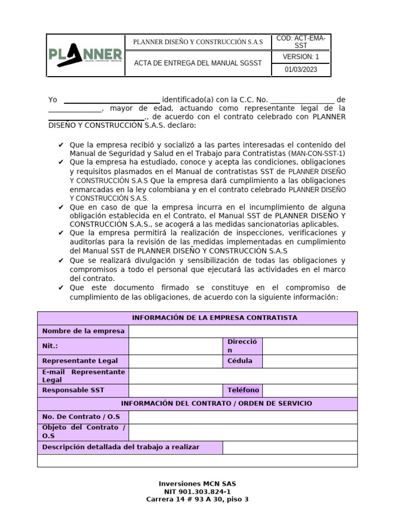 Planner FOR - SST-3 Acta de Entrega Del Manual SG-SST para Contratistas DILIGENCIADO | PDF
