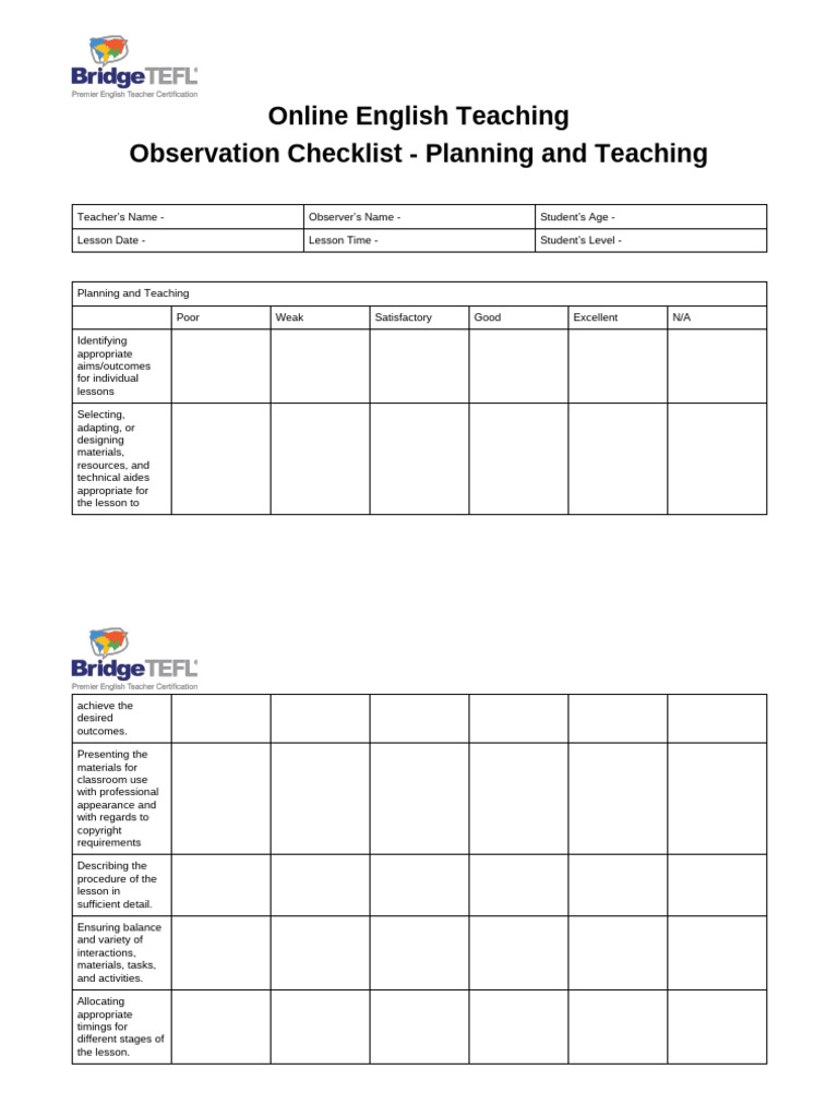 Practicum in Teaching English Online - Observation Checklist (Rubric) - Planning and Teaching | PDF