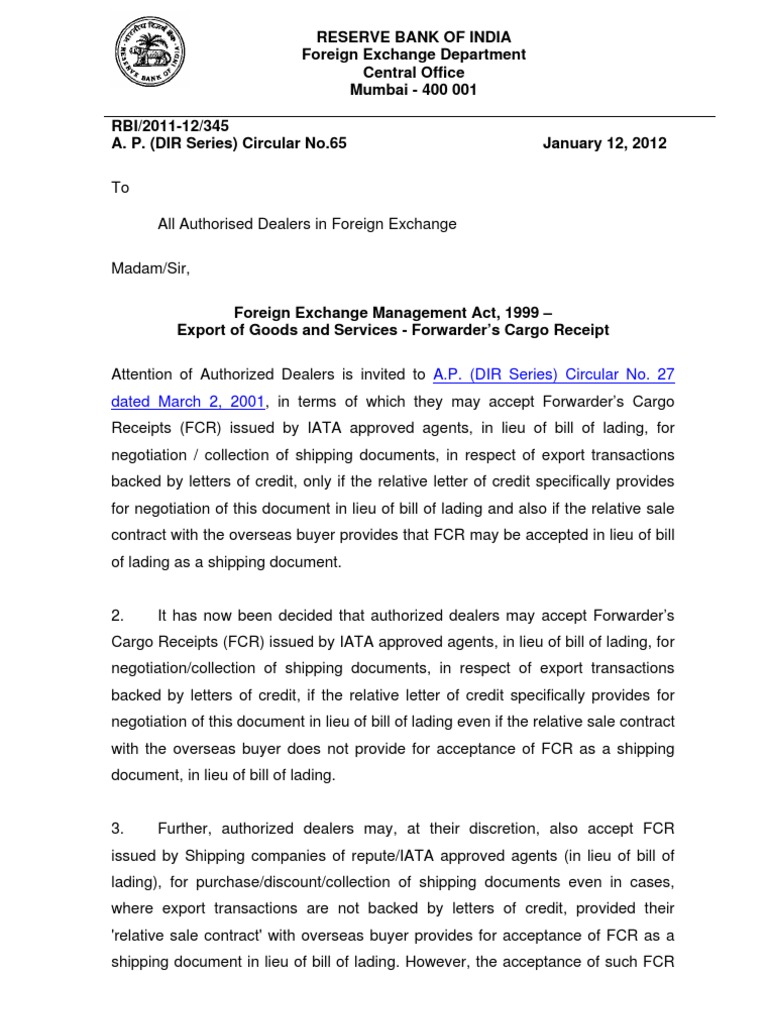 RBI Guidelines on Forwarder’s Cargo Receipts | PDF | Bill Of Lading ...