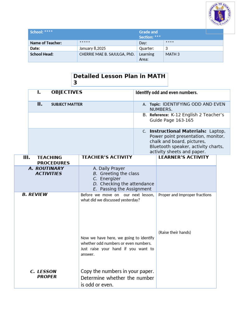Q3. Math3 Odd and Even Numbers | PDF | Lesson Plan | Human Communication