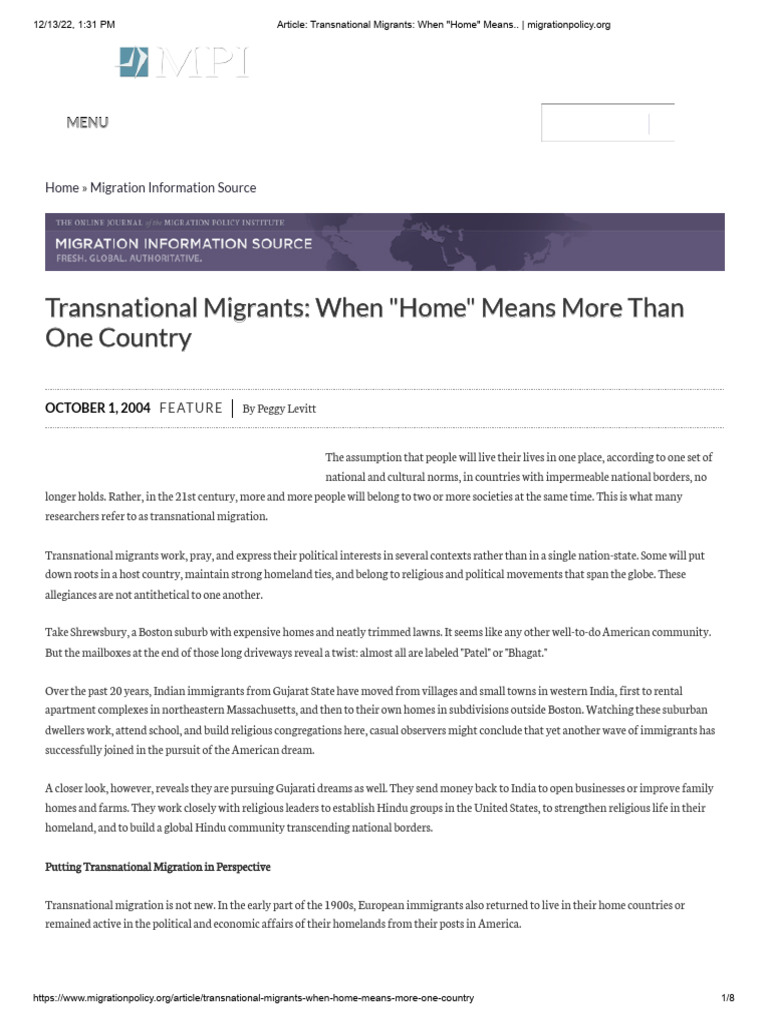Transnational Migration: Dual Belonging Explained | PDF | Immigration ...