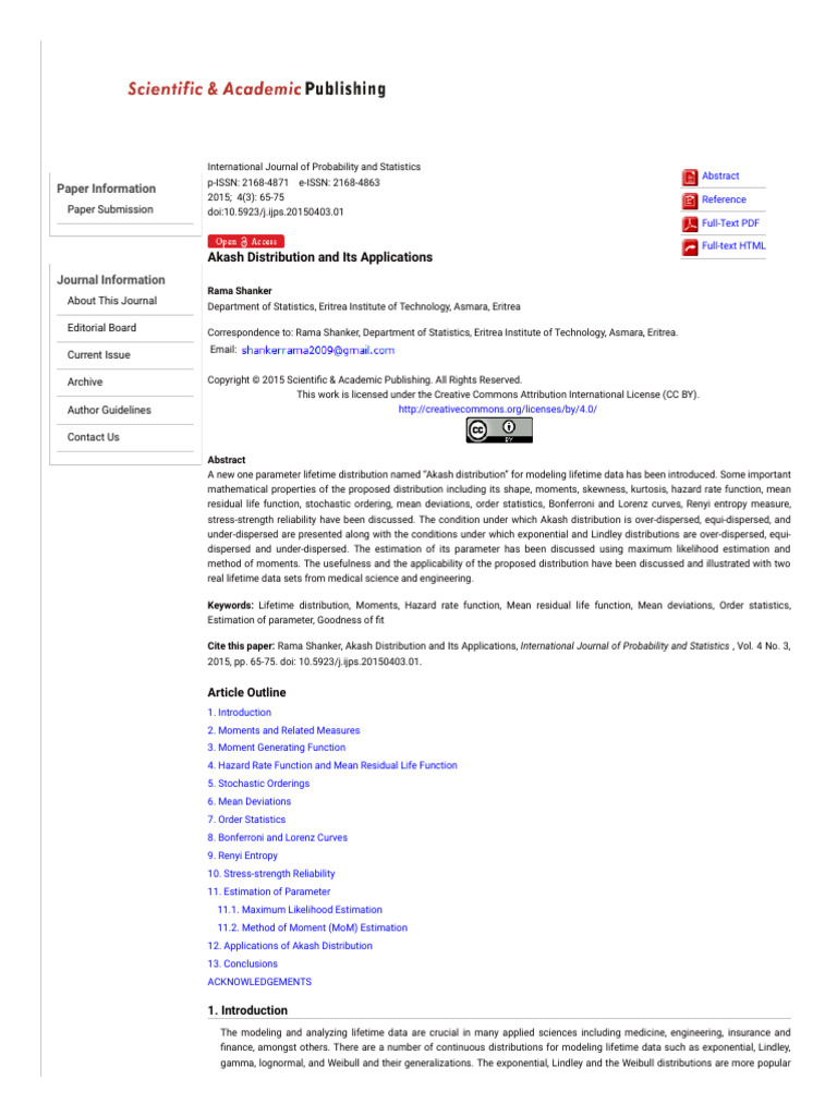 Akash Distribution and Its Applications | PDF | Akaike Information Criterion | Probability ...