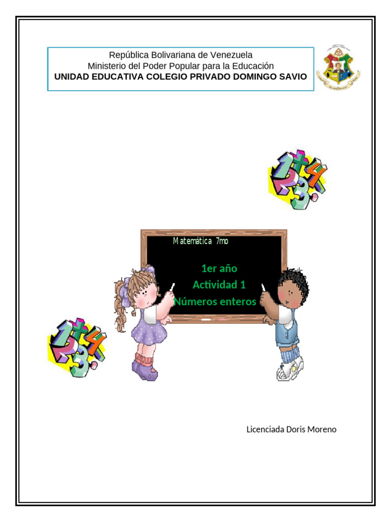 Primer Año Actividad 1 IImomento Matematicas Numeros Enteros Profe ...