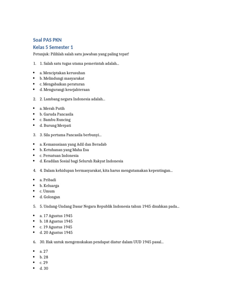 Soal_PAS_PKN_Kelas_5_Semester_1 | PDF