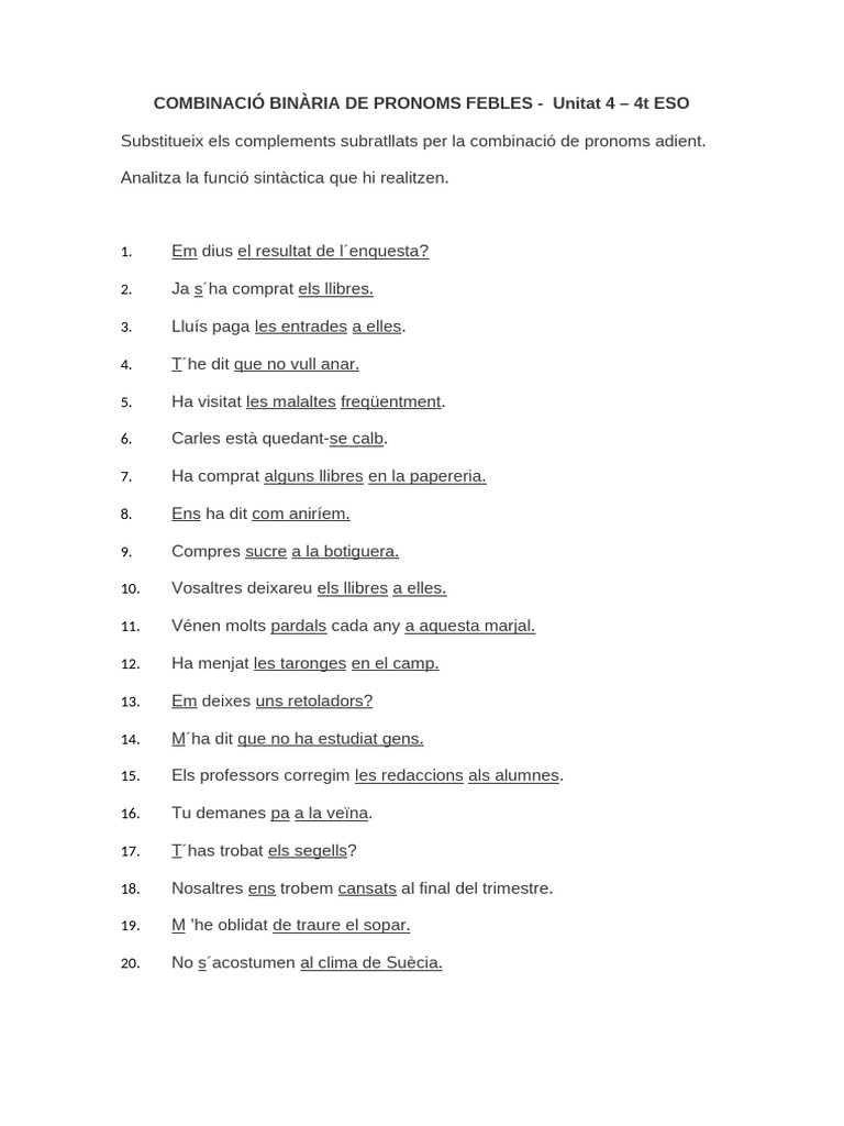 COMBINACIÃ BINÃ RIA DE PRONOMS FEBLES | PDF