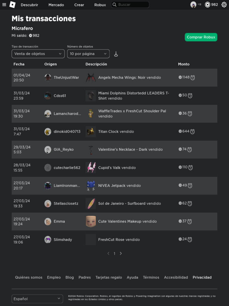 Mis Transacciones - Roblox | PDF