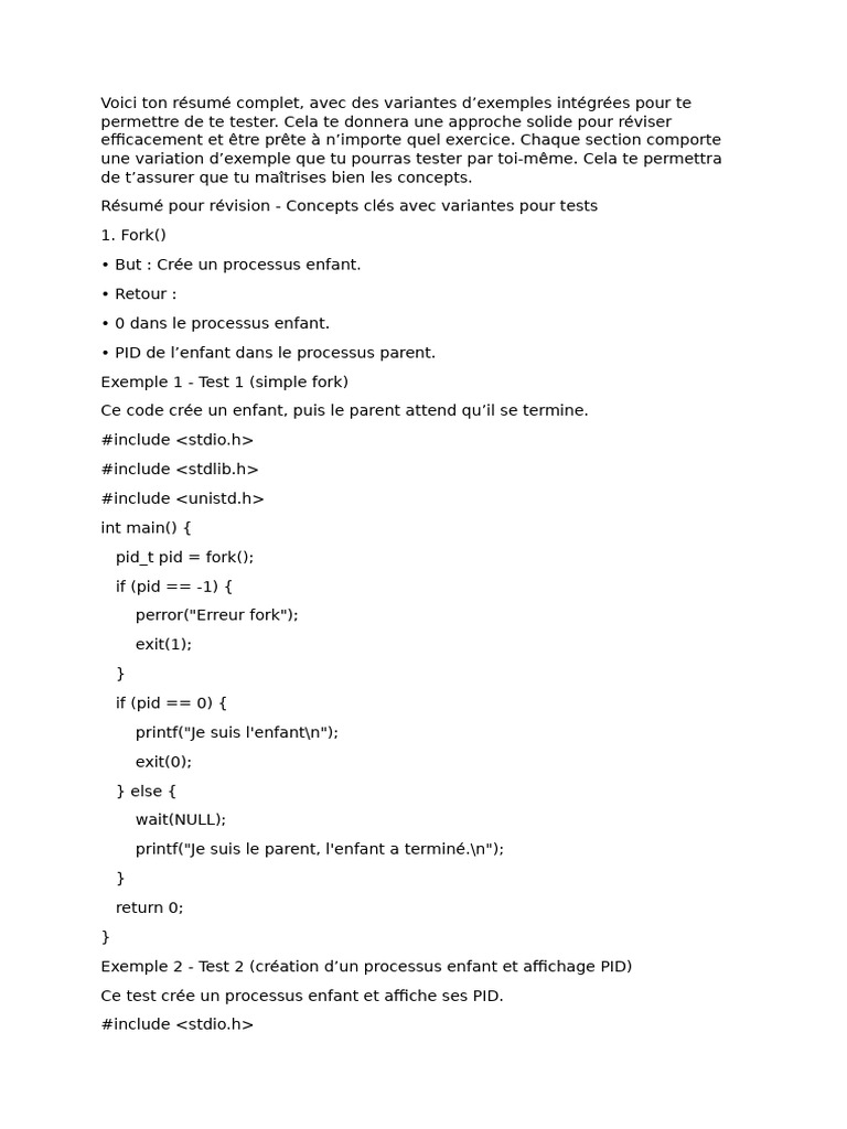 Révision des processus en C : fork, execvp, wait | PDF | Informatique ...