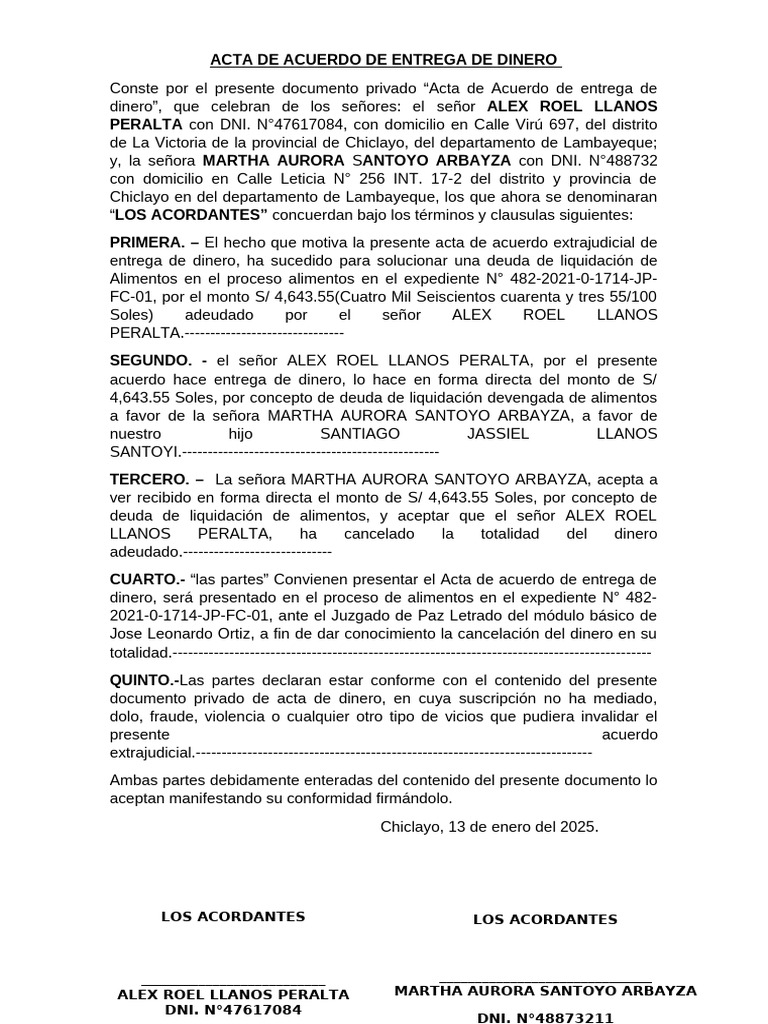 Acta de Acuerdo Alex Peralta | PDF