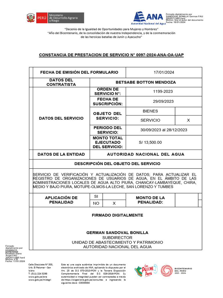 Constancia de Prestacion de Servicio #0097-2024-Ana-Oa-Uap | PDF