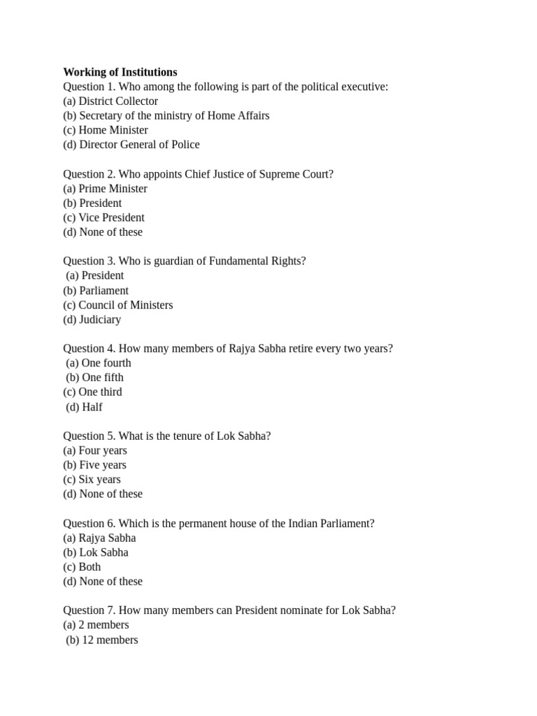 Indian Political System Quiz | PDF | Government Of India | Government ...