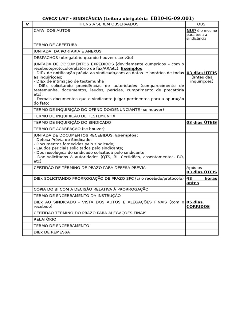 Bizu 1 - Check List Sindicâncias | PDF