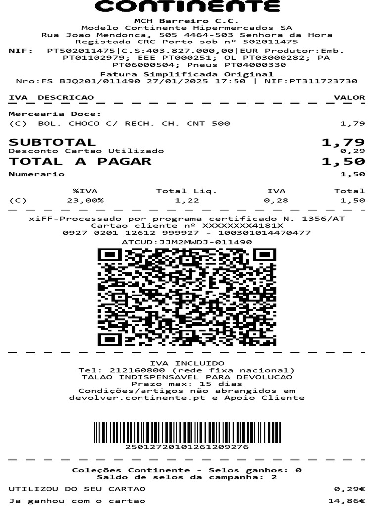 Fatura Cartao Continente 20250127 1751 | PDF