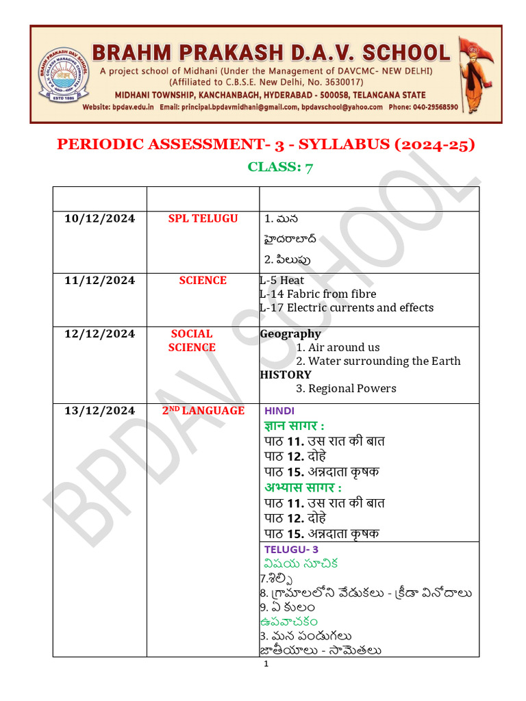 Class 7 - Periodic Assessment-3- Syllabus - 2024-25 | PDF