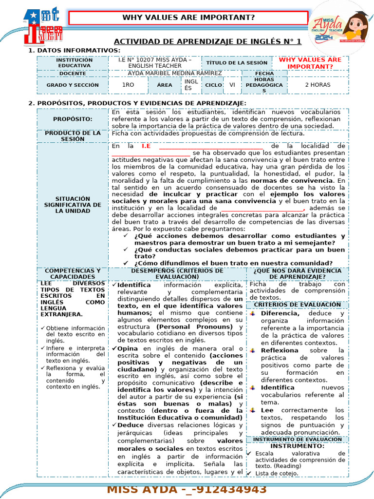 Sesión o Actividad de Aprendizaje N°1 - Unidad 1 - Jer - Miss Ayda - 1er Grado | PDF ...