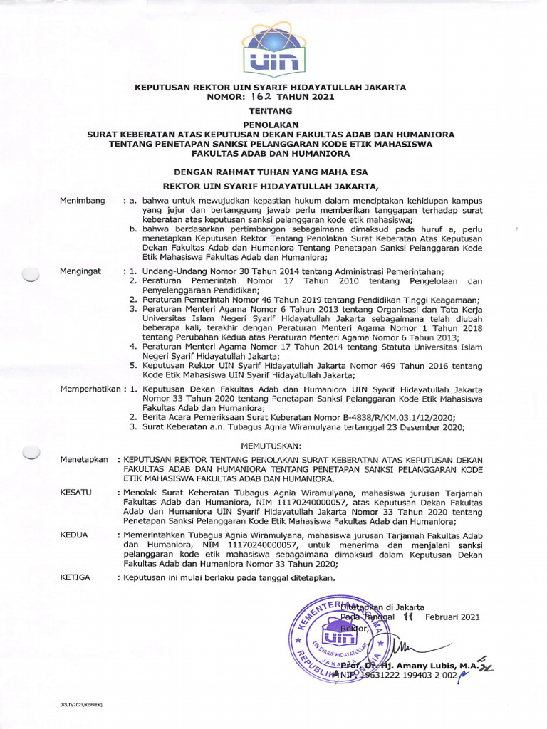 2021_SK Rektor Tentang Penolakan Surat Keberatan atas Keputusan Dekan ...