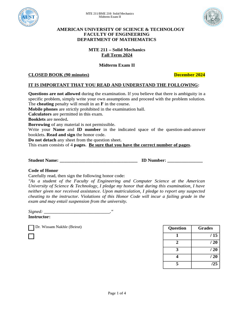 MTE 211 Solid Mechanics Midterm Exam II | PDF