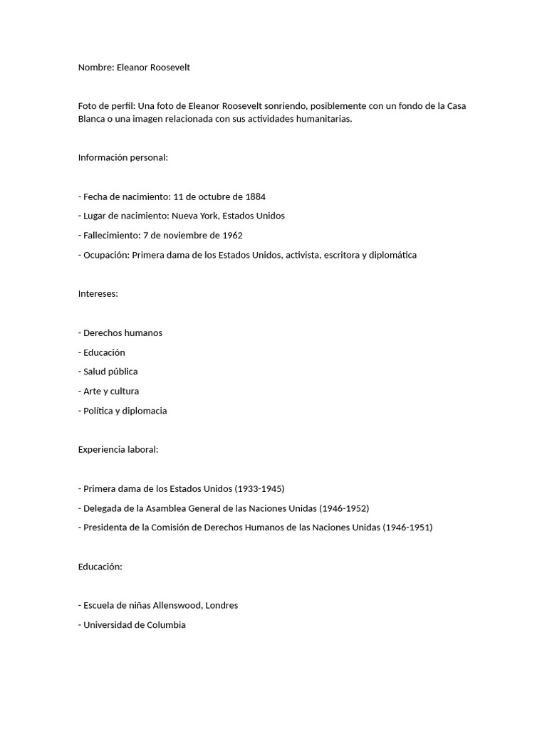 Biografía de Eleanor Roosevelt: Activismo y Logros | PDF | Eleanor ...
