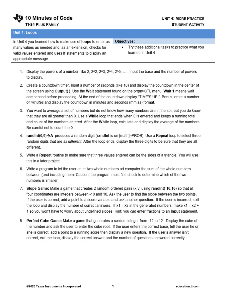 Unit 4 More Practice - TI84 - Student | PDF | Mathematics | Algebra
