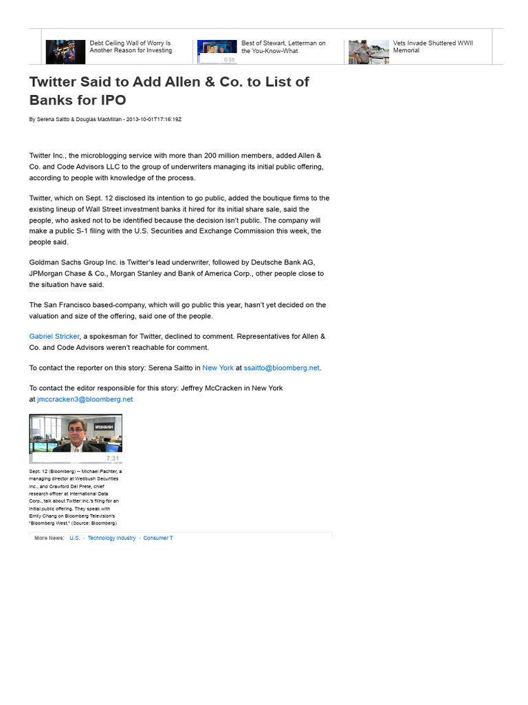 11.twitter Said To Add Allen & Co. To List of Banks For IPO - Bloomberg ...