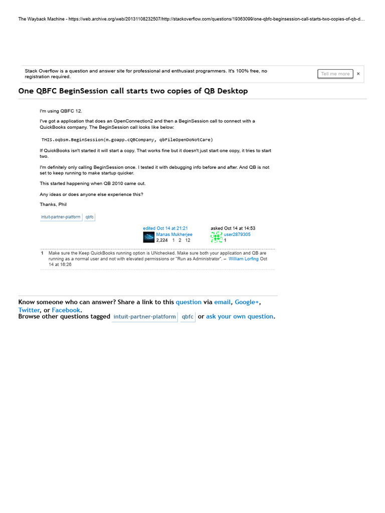 25.one QBFC BeginSession Call Starts Two Copies of QB Desktop - Stack Overflow | PDF