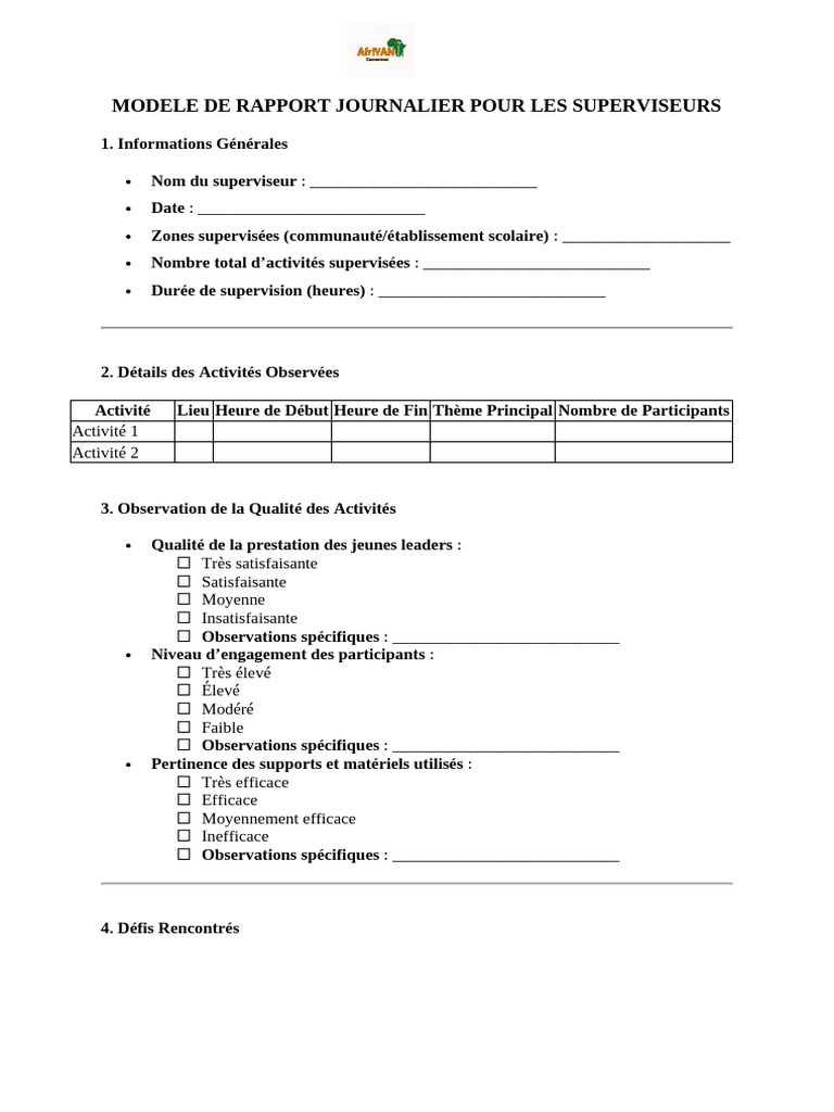 Modèle de Rapport Journalier pour Superviseurs | PDF